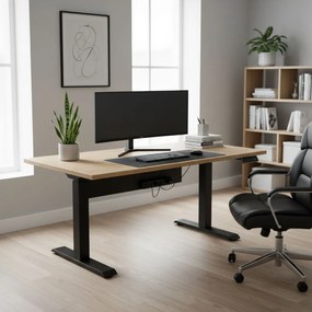 Výškově nastavitelný stůl OfficeTech D, 140 x 80 cm, černá podnož, dub kamenný