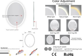 Erga Paola, oválné LED zrcadlo 80x120cm, 2990 lm, 3 barvy světla, přední a zadní osvětlení, ERG-V01-302-1280-00