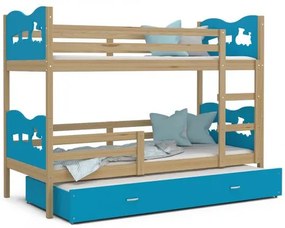DOBRESNY Dětská patrová postel MAX 3 90x200 cm s borovicovou konstrukcí v modré barvě s vláčky