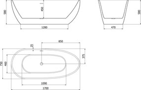 Mexen Eos, volně stojící vana 170 x 75 cm, bílá, měděný přepad, 52471707500-65