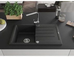 Mexen Bruno, dřez granitový 795x495x200 mm, 1-komorový, černá-stříbrná metalíza s chromovým sifonem a chromová dřezová baterie Rita, 6513-73-670300-00