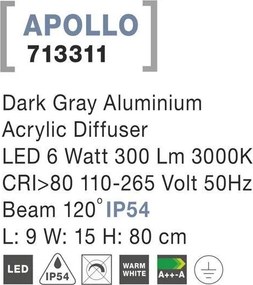 NV 713311 Venkovní sloupkové svítidlo APOLLO tmavě šedý hliník akrylový difuzor LED 5W 3000K 110-265V 120st. IP54 - NOVA LUCE