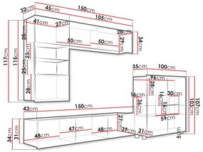 Obývací stěna s LED modrým osvětlením CHEMUNG 3 - lesklá bílá / lesklá černá