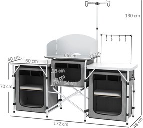 Skládací kempingová kuchyňka Outsunny s větrnou zábranou, 3 skříňkami a 3 nastavitelnými pracovními deskami, hliníková oxfordská šedá pro zahradu a o…