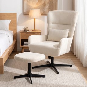 HOMCOM 360° otočné lounge křeslo s podnožkou, výškově nastavitelné, potah z chenille, s bederním polštářem, krémově bílé 83F-010V00CW