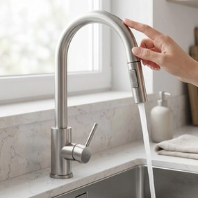Rea Fresh Touch, vysoká kuchyňská baterie s výsuvnou 2-funkční sprškou, broušená ocel, REA-B6735