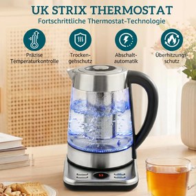 HOMCOM Elektrická konvice, 1,7 l rychlovarná 2200 W konvice s UK Strix termostatem, sítkem na čaj, funkcí udržování teploty