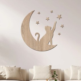 Dřevěná dekorace Měsíční kočka Rozměry (cm): 40x38, Barevný vzor: Světlý dub