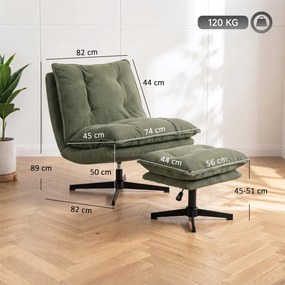 HOMCOM Lounge křeslo s podnožkou, otočné o 360°, potah z kordury, nastavitelná opěrka nohou, zelené