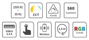 LED RGB Stmívatelná nabíjecí dotyková stolní lampa LED/7,5W/5V 2700-5300K bílá