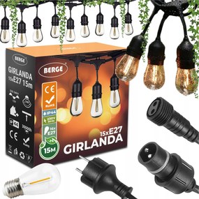 Zahradní girlanda Světelný Řetěz 15M 15xE27 Komplet s Led žárovkami IP44