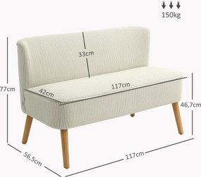 HOMCOM Moderní dvoumístná pohovka bez opěrky se sametovým vzhledem, malá pohovka s dřevěnými nohami, 117 x 56,5 x 77 cm, Krémová