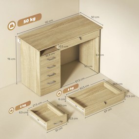 HOMCOM Moderní psací stůl s 5 zásuvkami, velkou deskou, 1 otevřenou přihrádkou, zamykatelnou zásuvkou, 110 x 50 x 76 cm, dub
