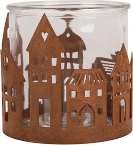 Rezavý rustikální svícen s vesničkou Village Rust L - Ø 13*12 cm