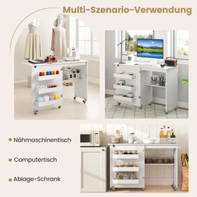 Costway Pojízdný skládací šicí stolek s úložnými boxy, bílý