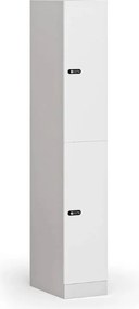 Šatní skříňka S1 s úložnými boxy, 2 boxy, 1850 x 300 x 500 mm, mechanický kódový zámek, laminované dveře, bílá
