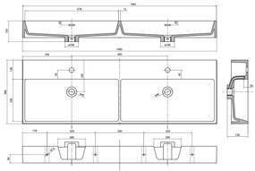Sapho Aquatic dvojumyvadlo 140 x 46 cm 2 otvory pro baterii s přepadem litý mramor bílá AT140