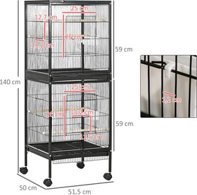 Ptačí klec PawHut na kolečkách Velká dvoupatrová voliéra s vyjímatelnými zásobníky, krmítky a bidly pro kanáry aandnbsp;and budgie 51.5x50x140 cm Čer…