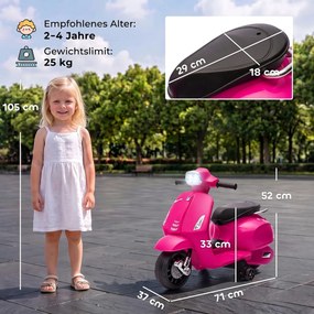 AIYAPLAY Elektrická dětská motorka Vespa 6V s pomocnými kolečky, světlometem a houkačkou pro 2–4 roky 71 x 37 x 52 cm, růžová