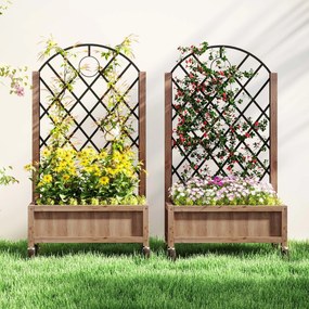 Outsunny 2-dílná sada vyvýšených záhonů s kolečky, treláž, dřevěný květináč pro espaliér, zahradní treláž 52x25x97cm pro balkon a terasu, květináč pr…
