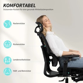 HOMCOM ergonomická kancelářská židle — nastavitelná bederní opora a opěrka hlavy, 5D područky, dělené opěradlo, výsuvná opěrka nohou, výškově nastavi…