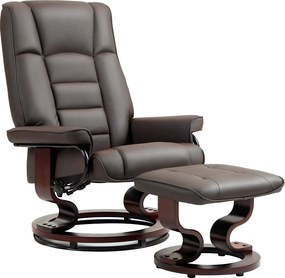 Křeslo HOMCOM s podnožkou, otáčecí TV křeslo s funkcí recliner, dřevěný rám, nosnost do 150 kg, pro obývací pokoj, umělá kůže, hnědá | Aosom