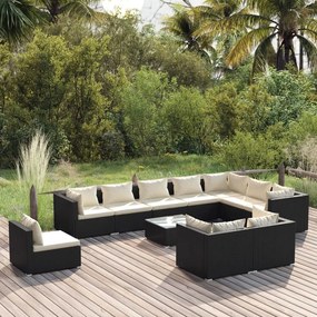 vidaXL 11dílná zahradní sedací souprava s poduškami polyratan [3102664] Barva: Černá a krémová