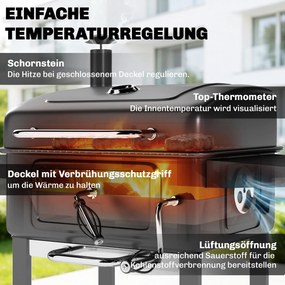 Gril na dřevěné uhlí BBQ udírna s víkem Teploměr výškově nastavitelná pánev na dřevěné uhlí Komín Grilovací rošt Boční stolek Popelník