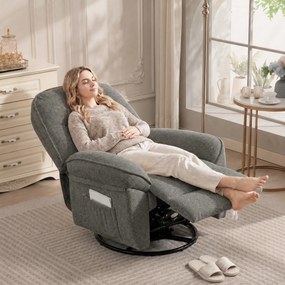 HOMCOM relaxační polohovací křeslo s otáčením 360° a houpáním, manuální chenille, široké sedadlo, vysoké opěradlo, opěrka nohou a boční kapsy, světle…