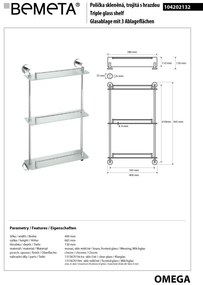 Bemeta Design OMEGA: Polička, 400 mm, trojitá, sklo -