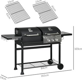 Outsunny plynový grilovací vozík 2+1 hořák s teploměrem 3kW BBQ gril na dřevěné uhlí s odkládací plochou Boční odkládací plocha Háček pro kempování Č…