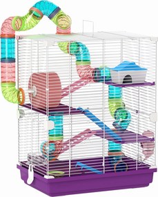 Klec pro křečky PawHut, 4 úrovně s tunely, krmítkem, kolem, domkem a žebříky, rozměry 46D x 30Š x 58V cm, fialová
