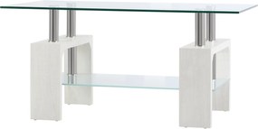 HOMCOM 2-úrovňový konferenční stolek, moderní stolek do obývacího pokoje se skleněnou deskou a dřevěnou a ocelovou konstrukcí, 90x50x42cm, bílý | Aoso