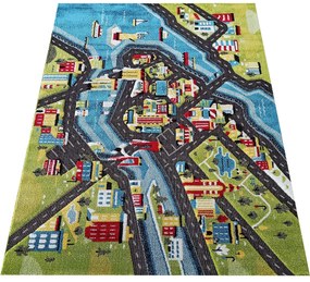 Dětský kusový koberec Uličky Color Kids 03 Ceta Domy Řeka Lodě zelený modrý Rozměr: 100x150 cm