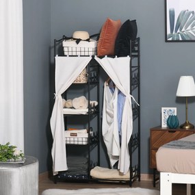 HOMCOM Šatní skříň pro dospělé s 5 policemi, oblečení a šatní tyčí, 84L x 42W x 159H cm, kovová černá s 2 bílými závěsy