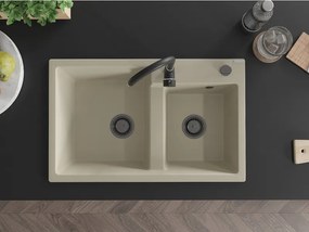 Mexen Tomas, granitový dřez 800x500x190 mm, 2-komorový, béžová s černým sifonem, 6516802000-69-B