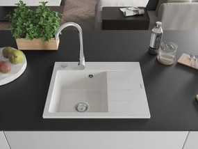 Mexen Ben Granitový dřez s jednou komorou a odkapávačem, levý 600 x 500 mm, bílý, chromový sifon - 6522605000-20