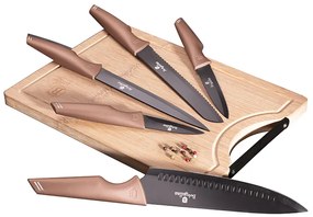 6dílná sada kuchyňských nožů s bambusovou deskou na krájení ROSE GOLD 19522