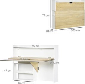Skládací nástěnný stůl HOMCOM se policemi, šetří místo, pro studovnu, obývací pokoj a kancelář, dřevotříska, 100x18x74 cm, bílá a dřevěná barva