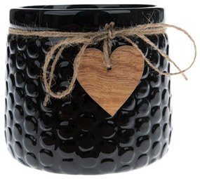 Keramický obal na květináč Wood heart černá, 12,5 x 14 cm