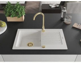 Mexen Pablo, granitový dřez 752x436x161 mm, 1-komorový, bílá se zlatým sifonem, 6510751010-20-G