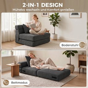 HOMCOM 2-v-1 Boneless Cloud podlahová židle, skládací spací křeslo s kordurovým vzhledem a bederním polštářem, tmavě šedá