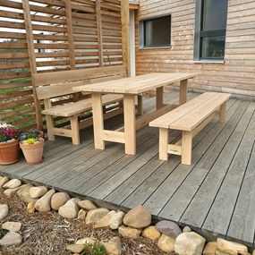 KULHÁNEK Zahradní dubová sestava - stůl, 1x lavice s opěradlem, 1x lavice bez opěradla (přírodní provedení) Délka: 150 cm, Odstín nátěru: olej - ořech