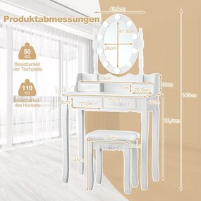 Costway Toaletní stolek s LED osvětlením s nastavitelným jasem se 4 zásuvkami