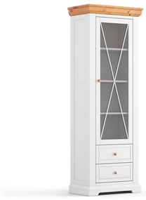 Bílý nábytek Vitrína Marone Elite, úzká, dekor bílá-dřevo, masiv, borovice