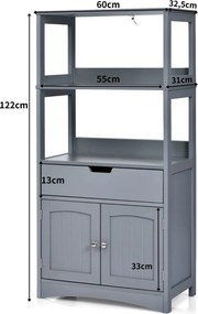 Costway Volně stojící koupelnová skříňka se 2 dveřmi a 3 otevřenými – šedá