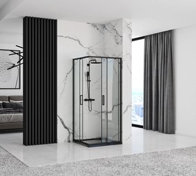 Rea Punto, sprchový kout s posuvnými dveřmi 80(dveře) x 80(dveře) x 190 cm, 5mm čiré sklo, černý profil + bílá sprchová vanička Savoy, KPL-K1012