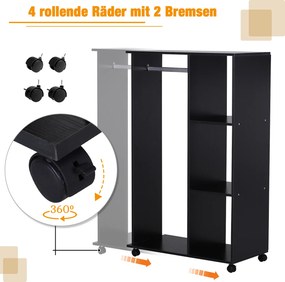 HOMCOM Skříň na kolečkách s otevřeným designem pro oblečení s ramínkovou tyčí a policemi organizátor pro ložnici 80x40x128 cm Černá