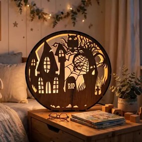Dřevěná LED lampa Halloween - Strašidelný dům se sovou | SENTOP LED0619