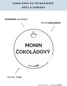 Samolepka na láhev MONIN ČOKOLÁDOVÝ průměr 5 cm – průhledná vinylová, voděodolná, omyvatelná samolepka na dózy, tučné písmo